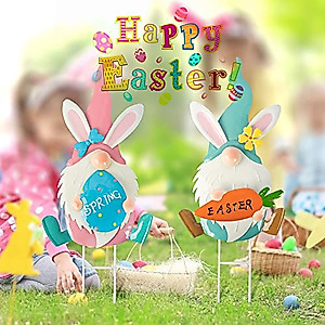 FUNPENY Set of 2 Metal Easter Gnomes Yard Signs Outdoor, 24.6 Inch Bunny Rabbits Stakes Easter Decorations for Garden, Lawn, Party, Easter Props Decor