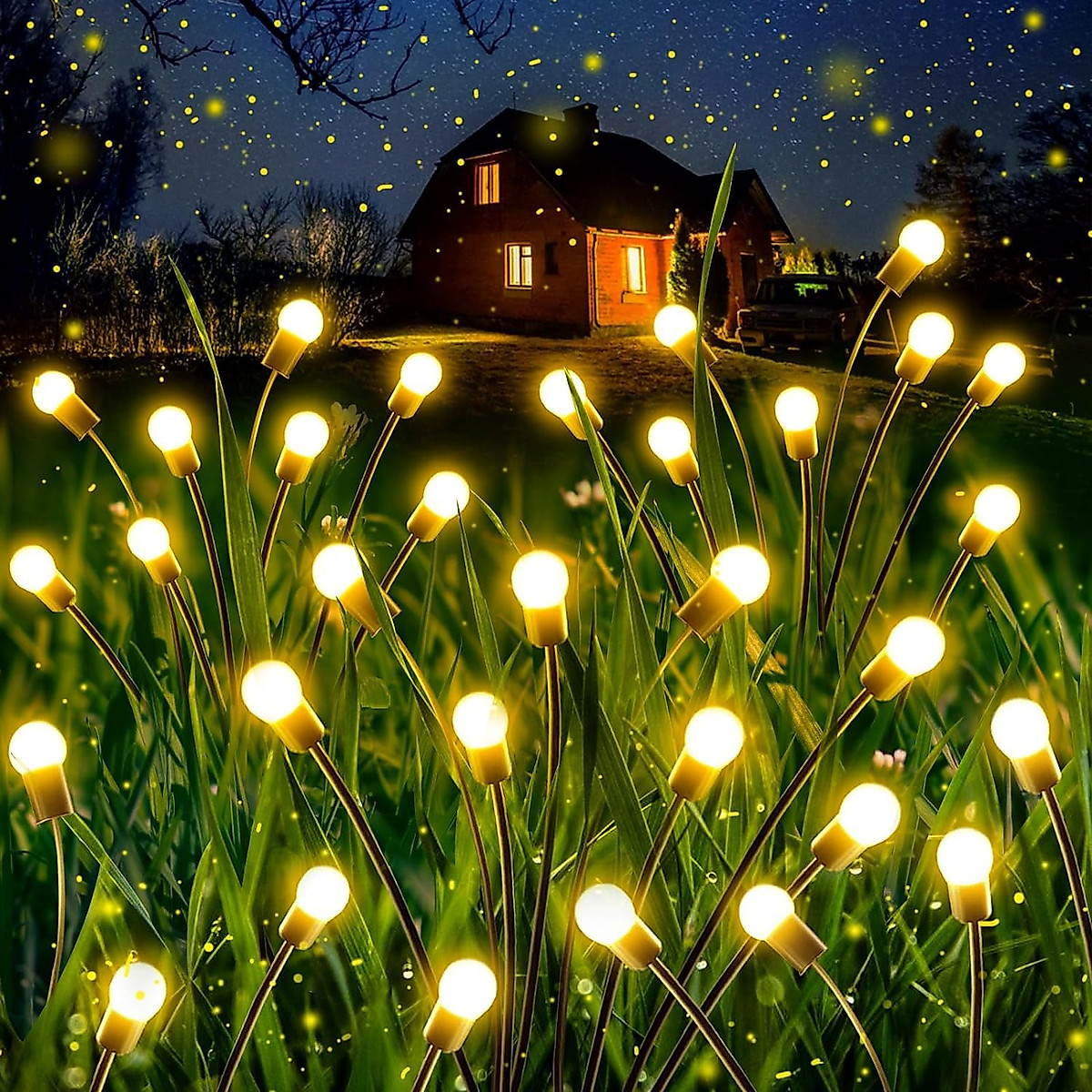 BOSSERN 4 Pack Firefly Garden Lights: Solar Outdoor Waterproof, 32 LED Vibrant Firefly Starburst Lights, Swaying by Wind, Garden Decoration (Warm White)