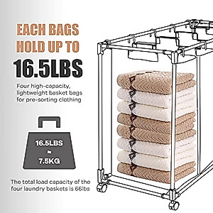 Laundry Sorter,Rolling Laundry Hamper 4-Bag Laundry Sorter Cart with Wheels 4 Removable Bags for Clothes Storage Lightweight Black