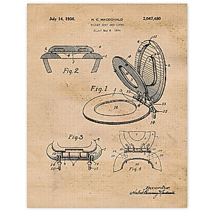 Vintage Toilet Seat Patent Prints, 1 (11x14) Unframed Photos, Wall Art Decor Gifts for Home Office Studio Garage Shop Lounge Bar Salon School College Student Teacher Coach Bath Powder Room Humor Fans