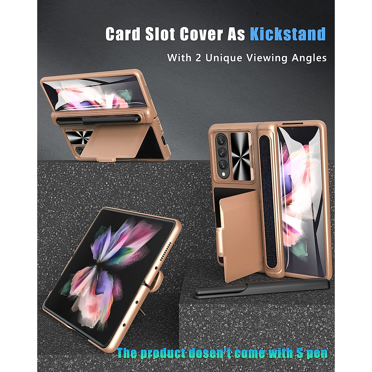 Vihibii for Samsung Galaxy Z Fold 3 Case with S Pen Holder & Hinge Protection, Credit Card Slot Kickstand Design, Slide Camera Cover & Screen Protector, Hard PC Phone Case for Z Fold 3 5G (Rose Gold)