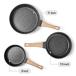 YIIFEEO Nonstick Frying Pan Set, Granite Skillet Set with 100% PFOA Free, Omelette Pan Cookware Set with Heat-Resistant Handle, Induction Compatible, Christmas Gift for Women (8inch&9.5inch&11inch)