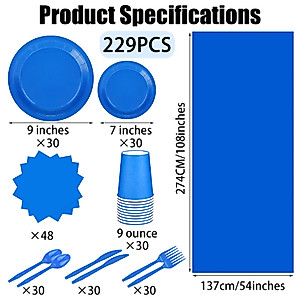 TWOWYHI 229PCS Blue Party Supplies Set Paper Disposable Plates Cups Plastic Spoons Forks Knives Blue Napkins for 30 Guests Disposable Party Dinnerware Set for Wedding Birthday Parties