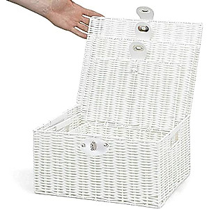 Homepeaz Set of 3 Woven Wicker Storage Basket Box with Lid & Lock, Built-in Carry Handles, Multifunctional Storage Organiser for Nursery, Baby, Clothes, Toys, Books, Large/Medium/Small Size (White)