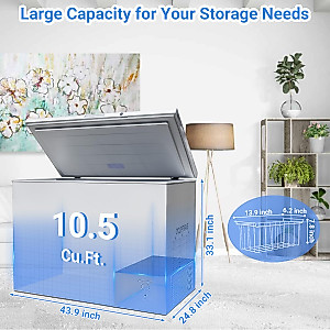 Smad Chest Freezer 10 Cu. Ft. Large Deep Freezer with Lock and 3 Removable Basket, Adjustable Thermostat, Low Noise, Garage Ready Chest Freezer for Home, Kitchen, and Basement, White