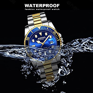 Tiong Watches Mens Fashion Business Stainless Steel Auto Date Waterproof Analog Quartz Watch Silver Emerald Green Watch Wristwatches for Men (Silver Blue)