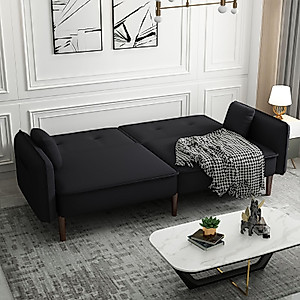 ROCKINGRUN Loveseat Sofa Bed, Convertible Modern Sofa Bed, Comfy Linen Fabric Sofa Bed, Soft and Breathable, Sturdy Solid Wood Legs, Loveseat Couch with Pillows for Living Room (Black)