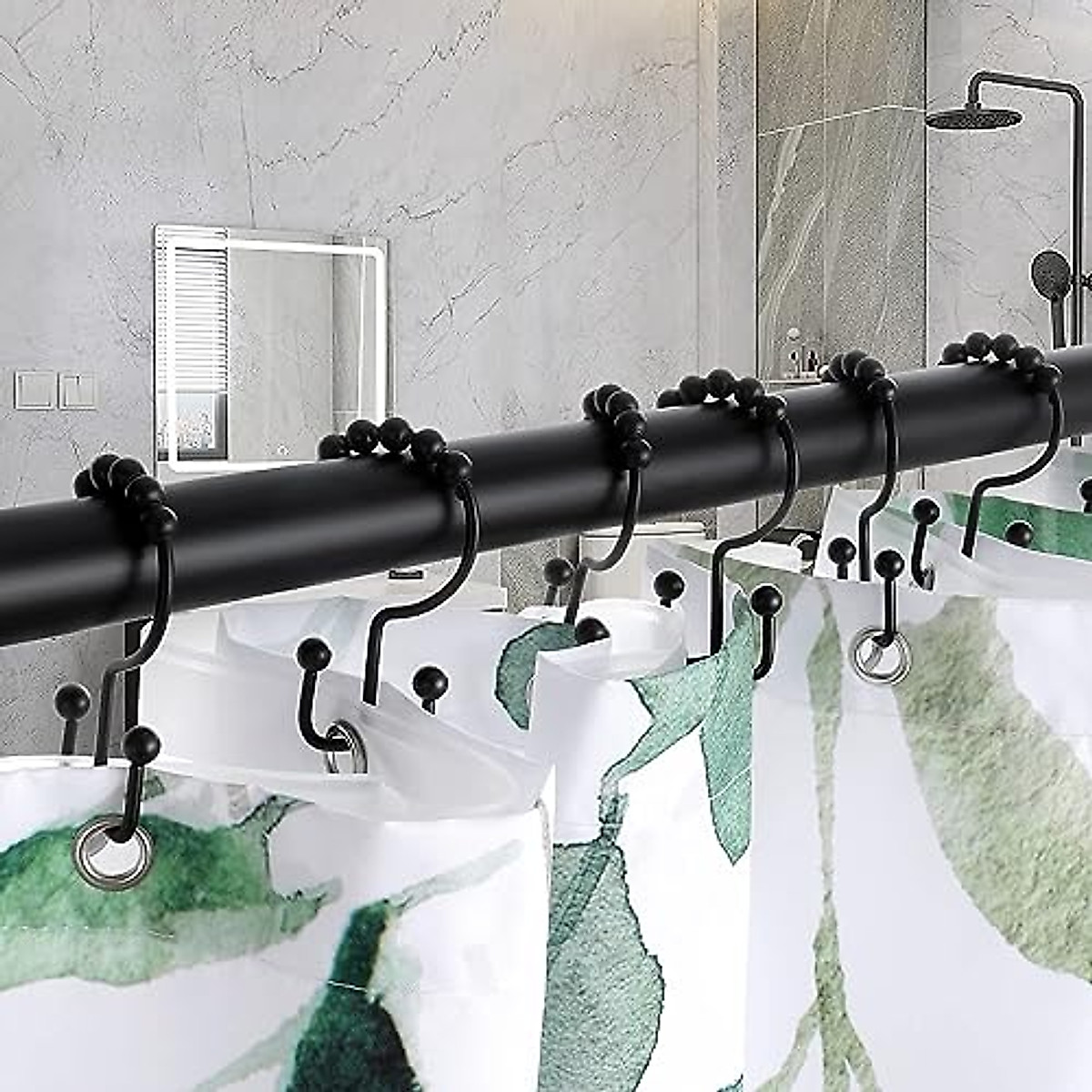 Shower Curtain Hooks, Double Glide Shower Hooks Rings for Bathroom Shower Rods Curtain, RustProof Metal Curtain Rod Hangers - Set of 12, Matte Black