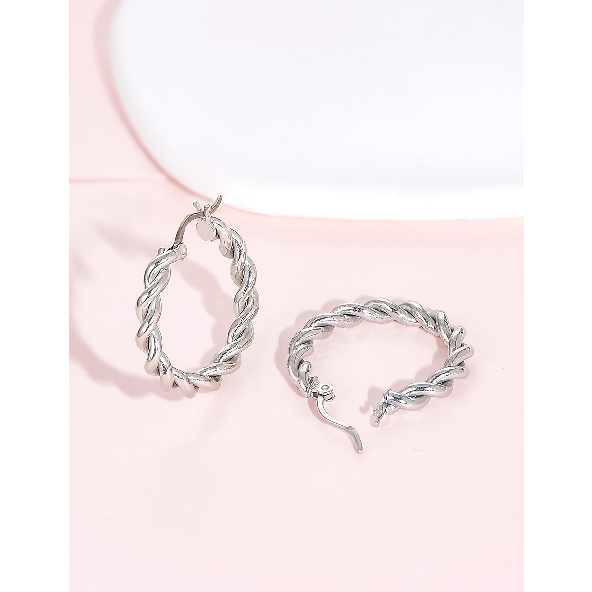 Limerencia hypoallergenic Pure Titanium Twisted Rope Round Hoop Earrings for women (24mm Twisted Rope Hoop, Silver)