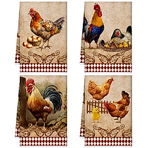 Geyoga 4 Pcs Kitchen Towels Christmas Chicken Farm Dish Towels Farmhouse Vintage Rooster Tea Towels Rustic 16 x 24 Inch Hand Towels for Bathroom(Classic Color,Rooster)