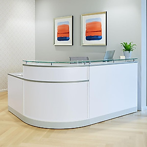 NBF Modern Reception Desk with Counter, Front Desk, Retail Checkout Counter, L Shaped, Office, Lobby, Salon, Store, Curved, 79" W x 63" D, Driftwood