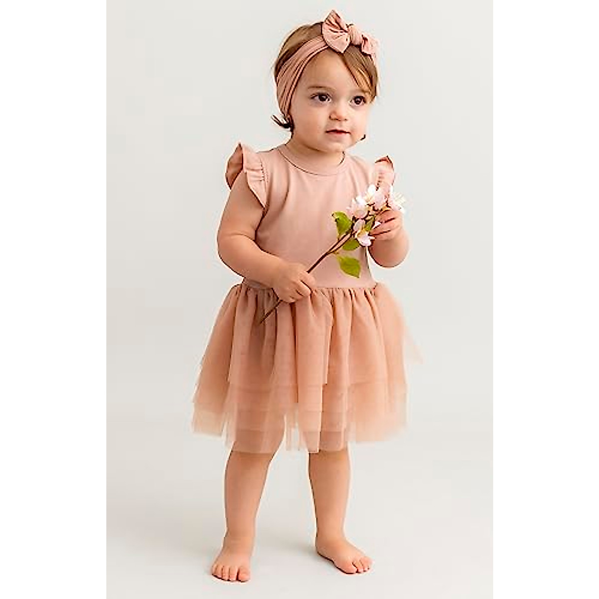 Organic Cotton Baby Girl Ruffle Romper Summer Tulle Dress Jumpsuit with Headband Outfit Set（18-24 Months, Misty Rose