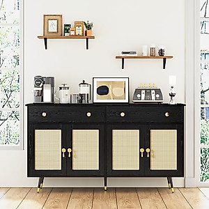 Buffet Cabinet with Storage, 55” Black Kitchen Cabinet with 4 Handmade Natural Rattan Doors, Black Sideboard Storage Cabinet with 2 Drawers for Dining Living Room