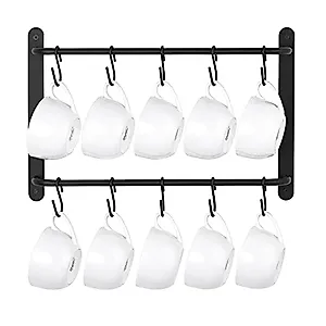 Mkono Mug Racks for Wall 2 Tier Coffee Cup Hanger Holder with 10 Mug Hooks Modern Coffee Mug Hanger Wall Mount Tea Cups Mugs Storage Display Organizer for Kitchen Dining Room Coffee Bar, Black