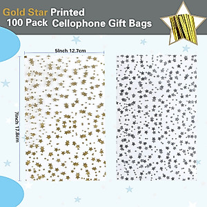 COQOFA 100 Pcs Star Printed 5"X 7" Gift Wrap Cello Cellophane Treat Bags Party Favor bags Clear Candy Cookie Bags Plastic Poly Goodie Storage Bags with Twist Ties for Bakery,Birthday, Wedding ,Party Decorations (Gold)