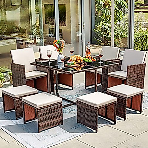 Devoko 9 Pieces Patio Dining Sets Outdoor Space Saving Rattan Chairs with Glass Table Patio Furniture Sets Cushioned Seating and Back Sectional Conversation Set (Beige)