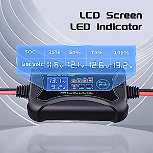 10Amp 12 Volt MPPT Solar Charge Controller, Bateria Power Intelligent Portable Solar Panel Controller, Max PV 150W 30Voc Solar Regulator for Gel AGM Lead-Acid, Lithium LiFePO4 Battery (SunRock 10)
