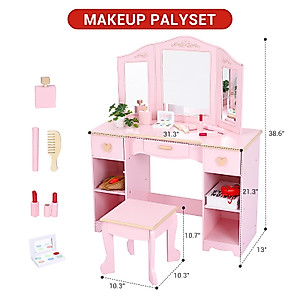 GarveeHome Kids Vanity, Pretend Play Vanity Set with Stool and Tri-Fold Mirror, Little Girl Makeup Desk, Toddler Dressing Table with Storage Drawers and Open Shelves for Girls 3+, Pink