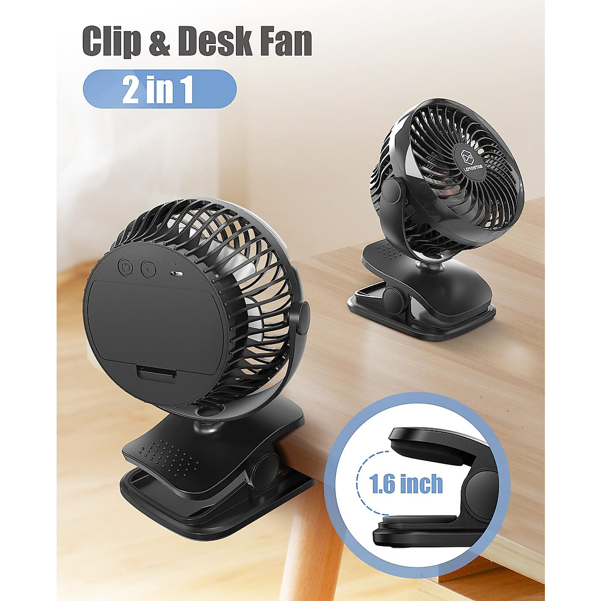 LEMOISTAR AA Battery Operated Clip on Fan, Stroller Fans, USB Powered Portable Desk Fan 4 Speeds Personal Golf Cart, Small Table Fan, Wireless, for Camping Hurricane Office Bed-Black