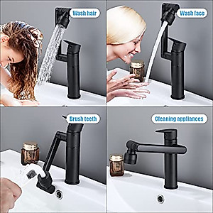 HUAHUALALA 1080 Degree Swivel Faucet for Bathroom Sink,Matte Black Kitchen Faucet with Big Angle Rotate Spray Dual Function,Single Handle Vanity Faucet with Deck Plate,Lavatory Faucet,1 or 3 Hole