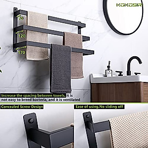 KOKOSIRI Bath Towel Bars Bathroom 3-Tiers Towel Shelf Ladder Bath Towel Hook Square Robe Hook Coat Hook Matte Black B5006BK-L24+B1010BK-P2