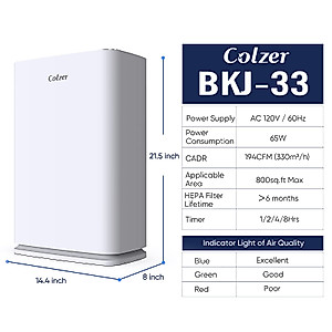 COLZER 2500 Sq. Ft. HEPA Air Purifiers for Home Large Room 4-Stage Air Filtration to Clean 99.97% of Hair, Dust, Smoke, Odor for Bedroom Living Room Office