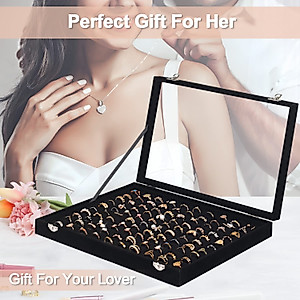 Ring Organizer for Jewelry, Ring Holder Box with Clear Lid, Dustproof Velvet Rings Display Tray Storage Case, 100 Slot Glass Top Jewelry Tray Drawer Insert for Multiple Rings Studs Earring (Black)