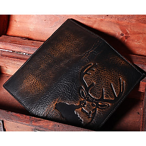 DK86 Deer Long Wallet For Men Full Grain Leather with Hand Burnished Rfid Blocking Rodeo Wallet Bifold Wallet Deer Wallet, Black and Orange