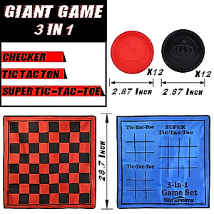 Win SPORTS 3 in 1 Giant Checkers Game Set,Super Tic Tac Toe,Including Reversible Rug with 24 Checkers,Indoor and Outdoor Activity for Kids or Adults,Board Game,Yard Game
