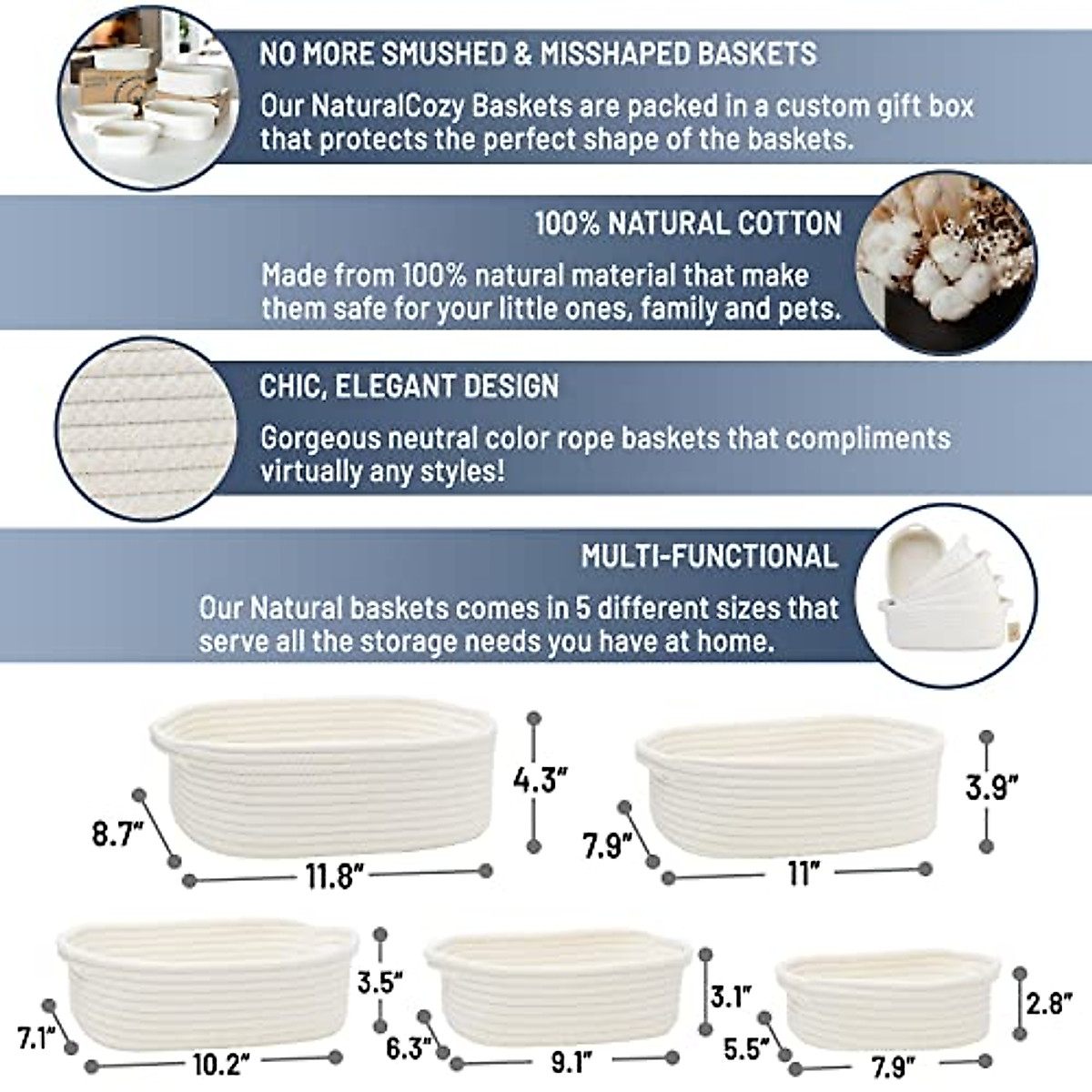NaturalCozy 5-Piece Rectangle Storage Basket Set- Natural Cotton Rope Woven Baskets for Organizing! Small Basket for Montessori, Baby Nursery, Dog Toy Baskets, Cat Toy Box, Bathroom Organization Bin