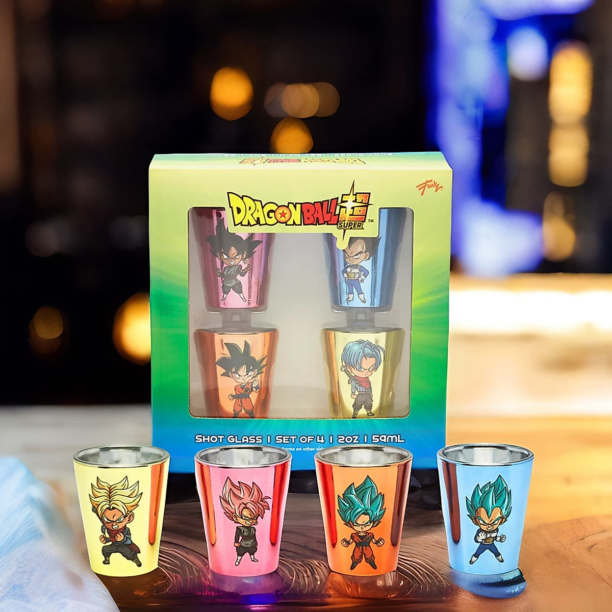 JUST FUNKY Dragon Ball Super Mini Glass Set | 2 Oz Shot Glasses Set of 4 | Featuring Trunks, Goku Black, Goku, and Vegeta Including their Super forms | Officially Licensed