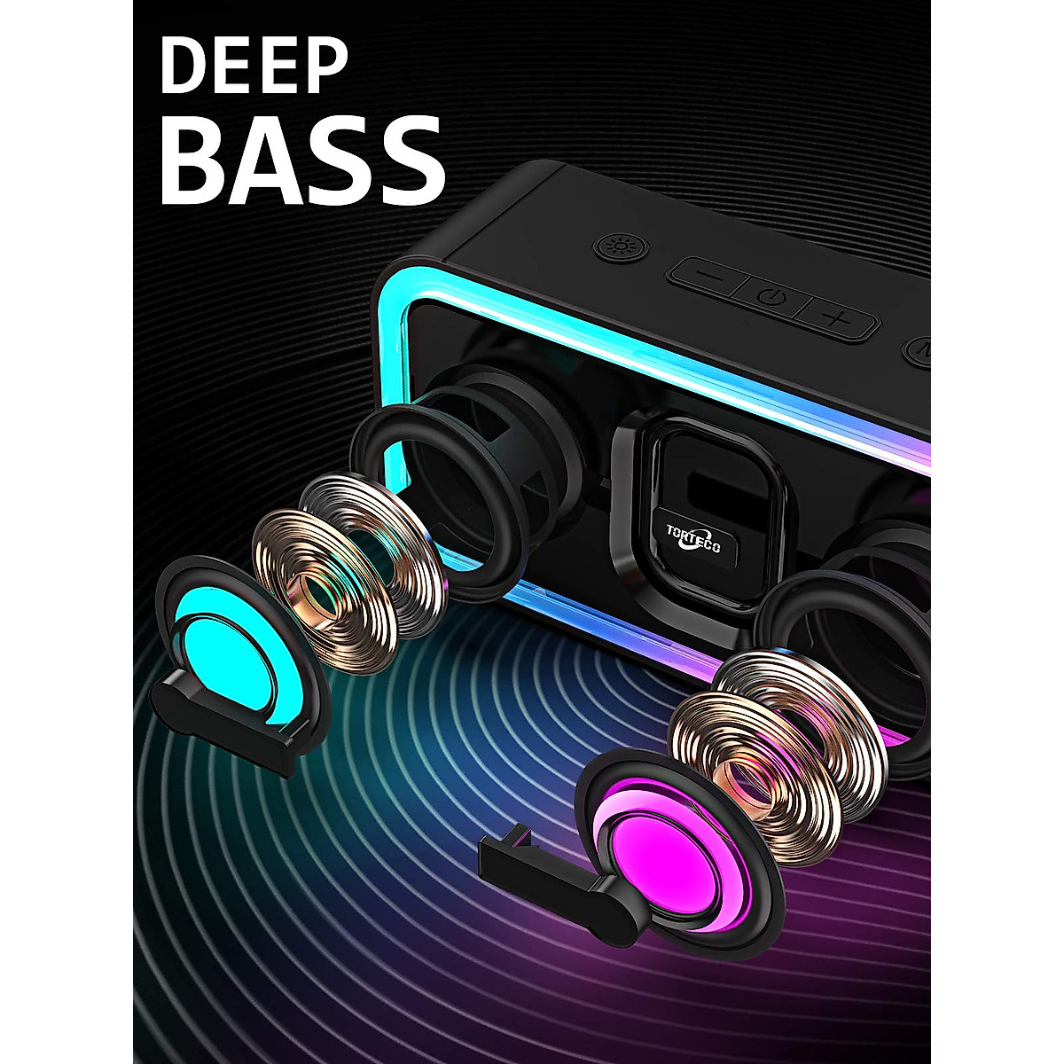 Torteco Bluetooth Speaker, F60, IPX7 Waterproof Bluetooth Speaker with Loud Stereo Sound,15 Hours Playtime,Gradient Light, Portable Speaker for Home,Outdoor,Travel and Party