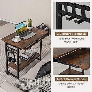 Giantex Rolling Computer Desk, Mobile Desk with Keyboard Tray, Portable Laptop PC Desk Cart with Shelf & Hooks, Small Desk with Wheels for Small Spaces, Bedroom, Apartment, Home Office Desk