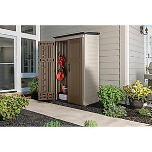 Rubbermaid Vertical Resin Outdoor Storage Shed, With Floor (4 x 2.5 Ft), Weather Resistant, Brown, Organization for Home/Backyard/Garden Tools/Porch/Patio Cushions/Pool Chemicals/Toys