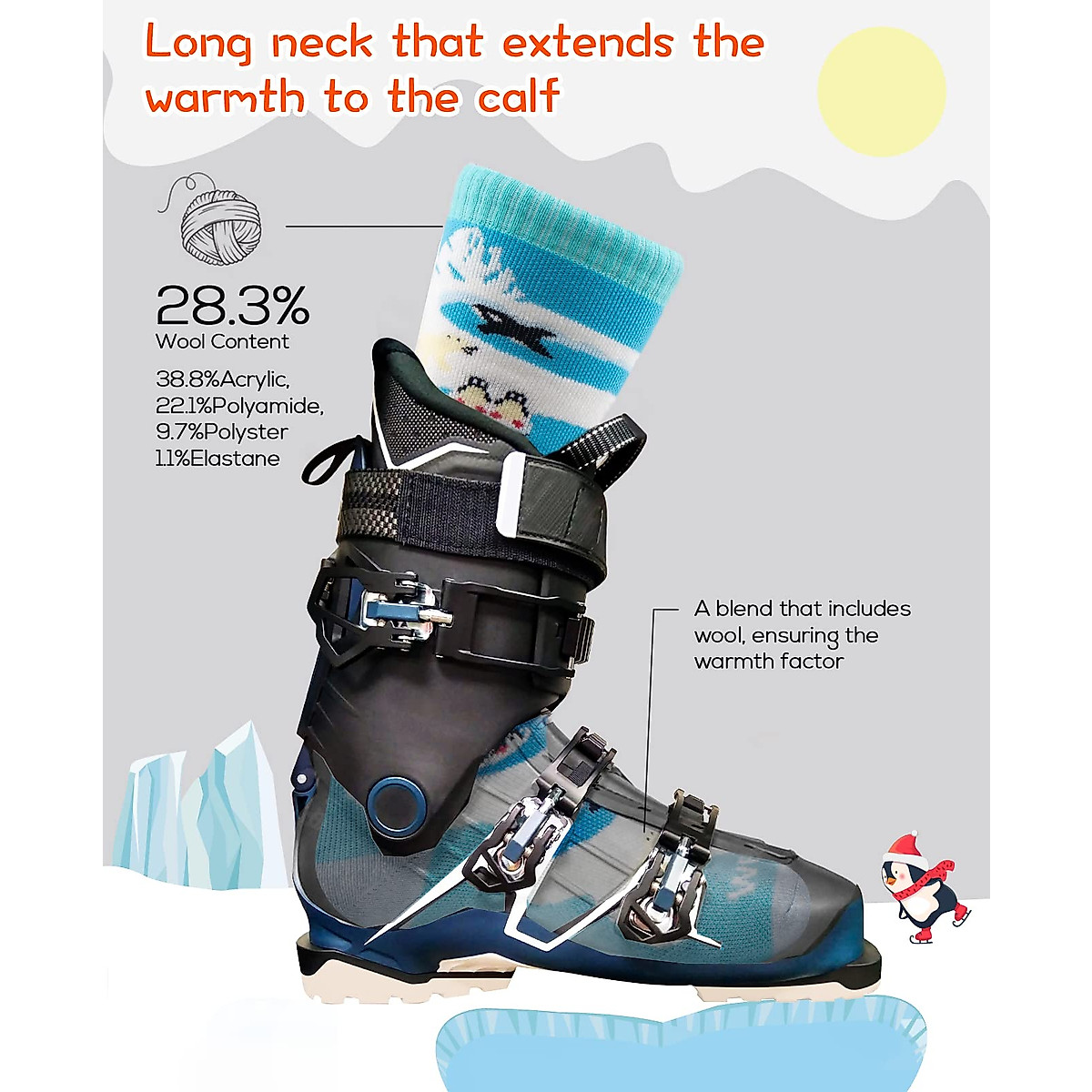 WEIERYA Kids Ski Socks Merino Wool, Thermal Snow Socks, Knee-high Wool Socks for Boys and Girls, 1/3 Pairs Black M 1 Pair