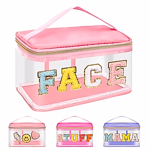 Iqimott Preppy Clear Makeup Cosmetic Bag for Women Travel, Nylon PVC Chenille Glitter Letter Toiletry Storage Tote Bag, Transparent Waterproof Organizer Zipper Pouch with Handle(Face, Pink)