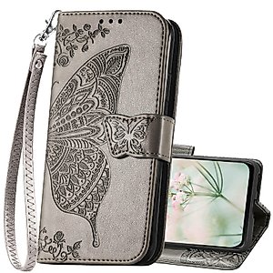 KRHGEIK for Motorola Moto G Stylus 5G 2023 Case Wallet,Women Flip Folio Cover with Butterfly Emboss PU Leather Stand Card Slots Wrist Strap Protective Phone Case for Moto G Stylus 5G 2023 (Gray)