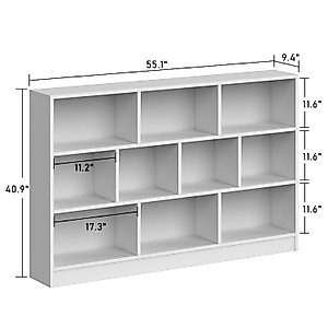 ECACAD Bookcase, Wood Bookshelf with 3 Tier Open Shelves, 10-Cube Storage Organizer Display Shelf for Living Room, Home Office, White (55.1”L x 9.4”W x 40.9”H)