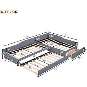 CITYLIGHT Upholstered L-Shaped 2 Twin Beds with Trundle and Storage Drawer, Wood Linen Corner Bed for Kids Girls Boys Teens Bedroom, Grey