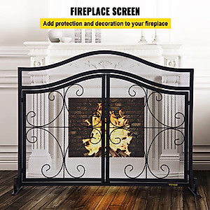 VEVOR Fireplace Screen, 39 x 26.6 Inch, Double Door Iron Freestanding Spark Guard with Support, Metal Mesh Craft, Broom Tong Shovel Poker Included for Fireplace Decoration & Protection, Black
