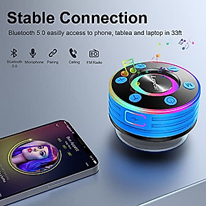 Bluetooth Shower Speakers, Portable Wireless Outdoor Speaker with HD Sound, Bluetooth Speaker with 8H Playtime, FM Radio, Handsfree LED Light Show with Suction Cup, IPX7 Waterproof for Travel/Party