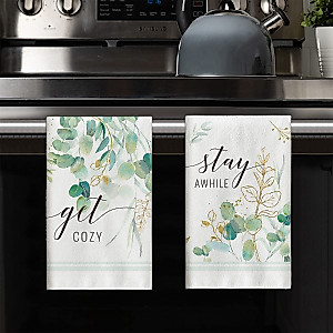 Artoid Mode Eucalyptus Get Cozy Stay Awhile Kitchen Towels, 18 x 26 Inch Holiday Spring Summer Wedding Daily Fingertip Towel Tea Bar Hand Drying Cloth Kitchen Bathroom Gift Set of 2