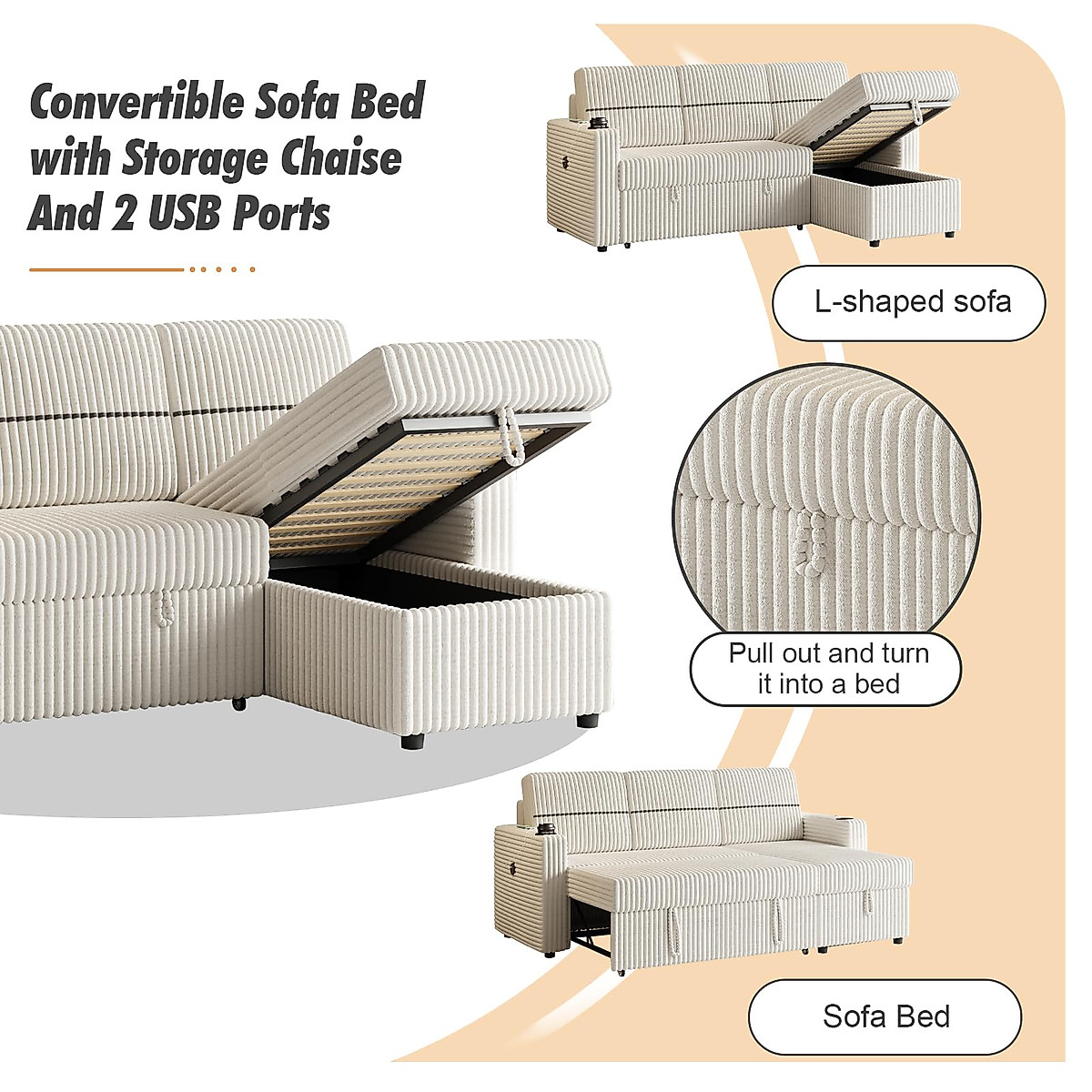 CAPCAEK 85" Corduroy Sofa Bed with Storage Chaise, L Shaped 3 Seat Sectional Couch, Pull Out Sleeper Sofabed with Cup Holders & USB Charge Port for Living Room, Office, Apartment (Beige)