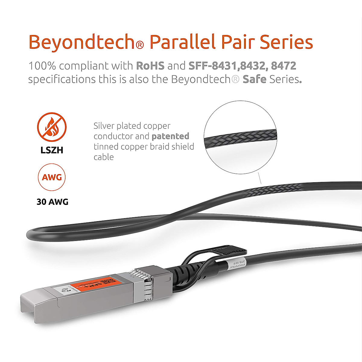 10G SFP+ Direct Attach Cable - 30 AWG Twinax LSZH / 2 Meters (2m / 6.5ft) - Beyondtech 10Gb Gigabit Ethernet Switch Network SFP DAC Cable Series