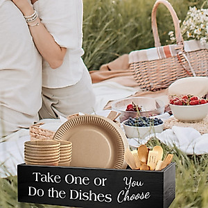 Kitchen Countertop Paper Plate Holder - Wooden Paper Plate Organizer Box Disposable Dish Holder for Wedding,Party,BBQ, Rustic Farmhouse Utensil Caddy for Cups,Forks,Spoons,Plates,Napkins,Condiments