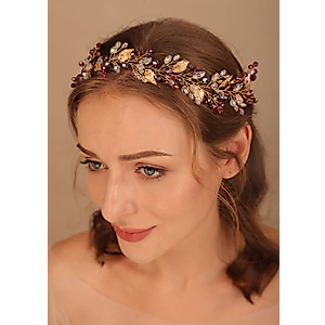 Denifery Red Hair Vine Crystal Wedding Headband - Fall Boho Bridal Hair Piece with Gold Leaf for Women and Girls