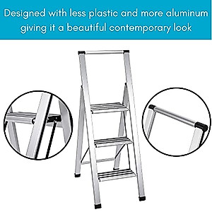 BirdRock Home 3-Step Slim Aluminum Step Ladder - Sturdy Thin Folding Stool - 3 Anti-Slip Steps - Wide Platform - Great for Your Kitchen, Pantry, Closets, or Home Office - Indoor Stool - Silver