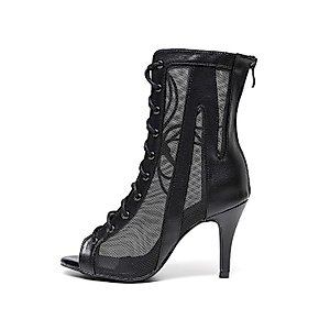 Goettin open toe dance boots sexy black microfiber net 8.5cm high heel dance shoes women (7.5)
