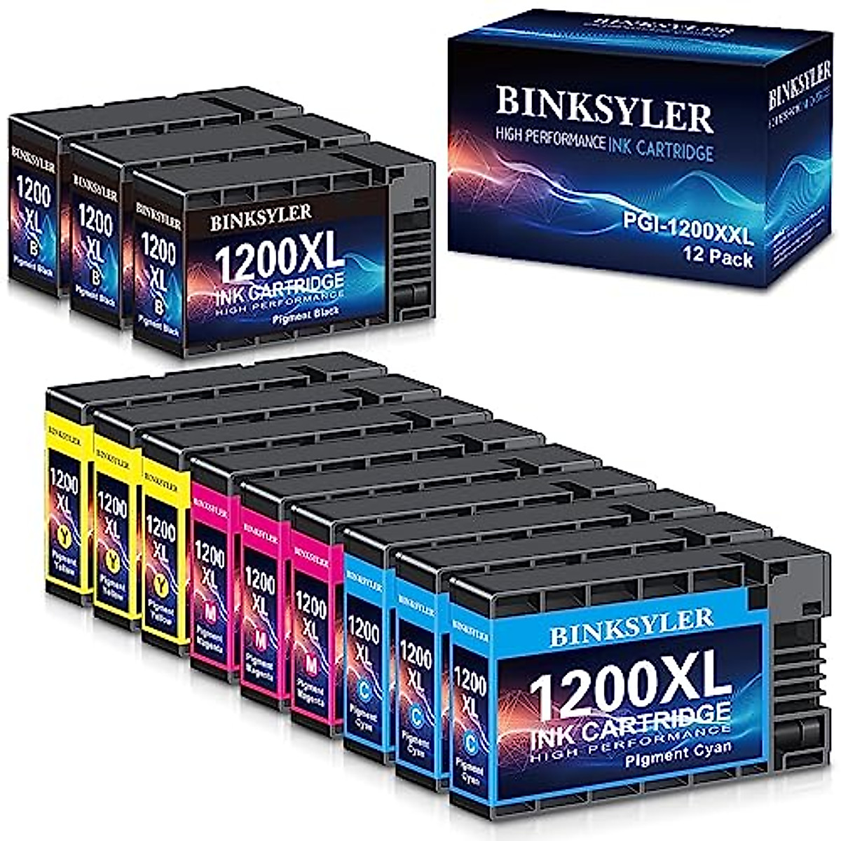 BINKSYLER Maxify 1200XL Ink Cartridges Replacement for Canon PGI-1200XL PGI-1200 XL PGI 1200 XL Ink Work for Canon Maxify MB2720 MB2050 MB2350 MB2320 MB2020 MB2120 Printer (3BK,3C,3M,3Y) 12 Pack