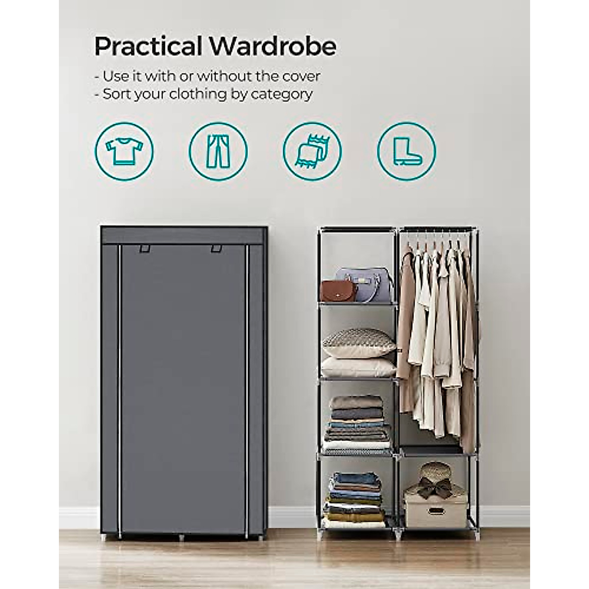 SONGMICS Portable Closet, Clothes Storage Organizer with 6 Shelves, 1 Clothes Hanging Rail, Non-Woven Fabric Closet, Metal Frame, 17.7 x 34.6 x 66.1 Inches, Gray URYG84GY